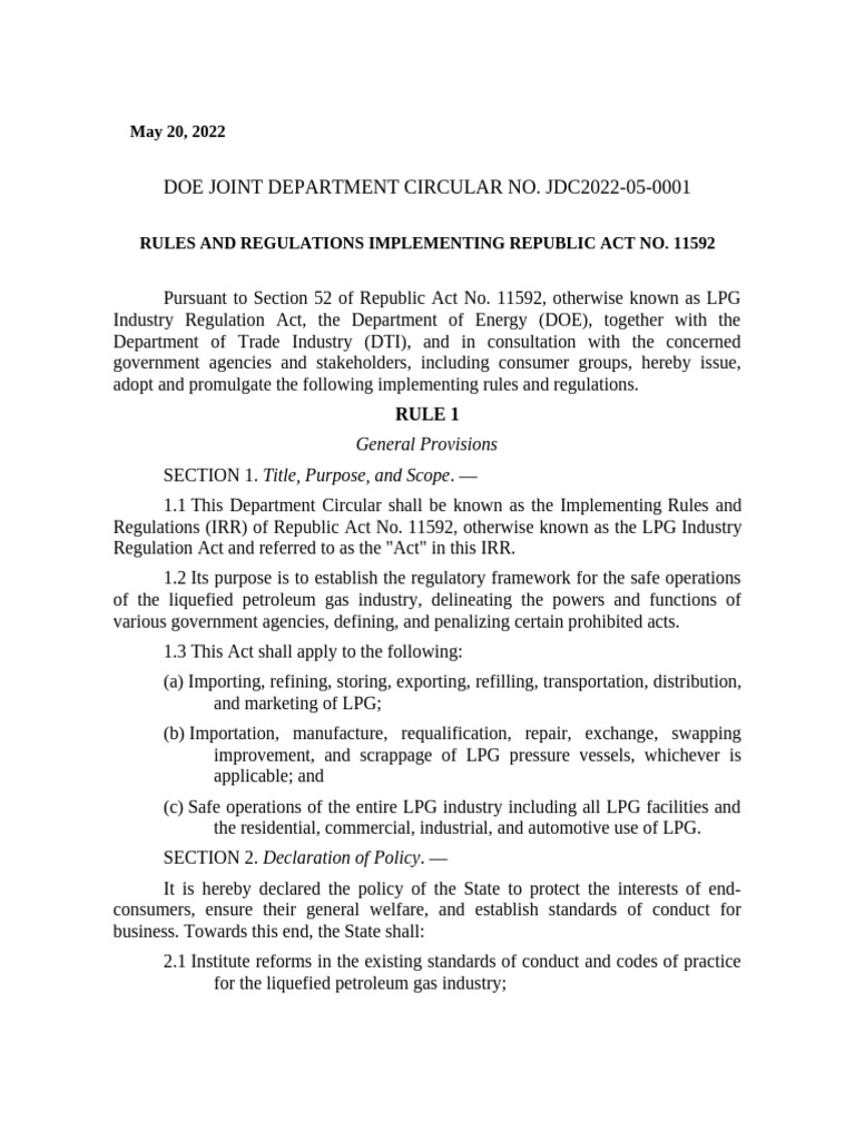 LPG Industry Regulation Act IRR 2022 | PDF | Liquefied Petroleum Gas