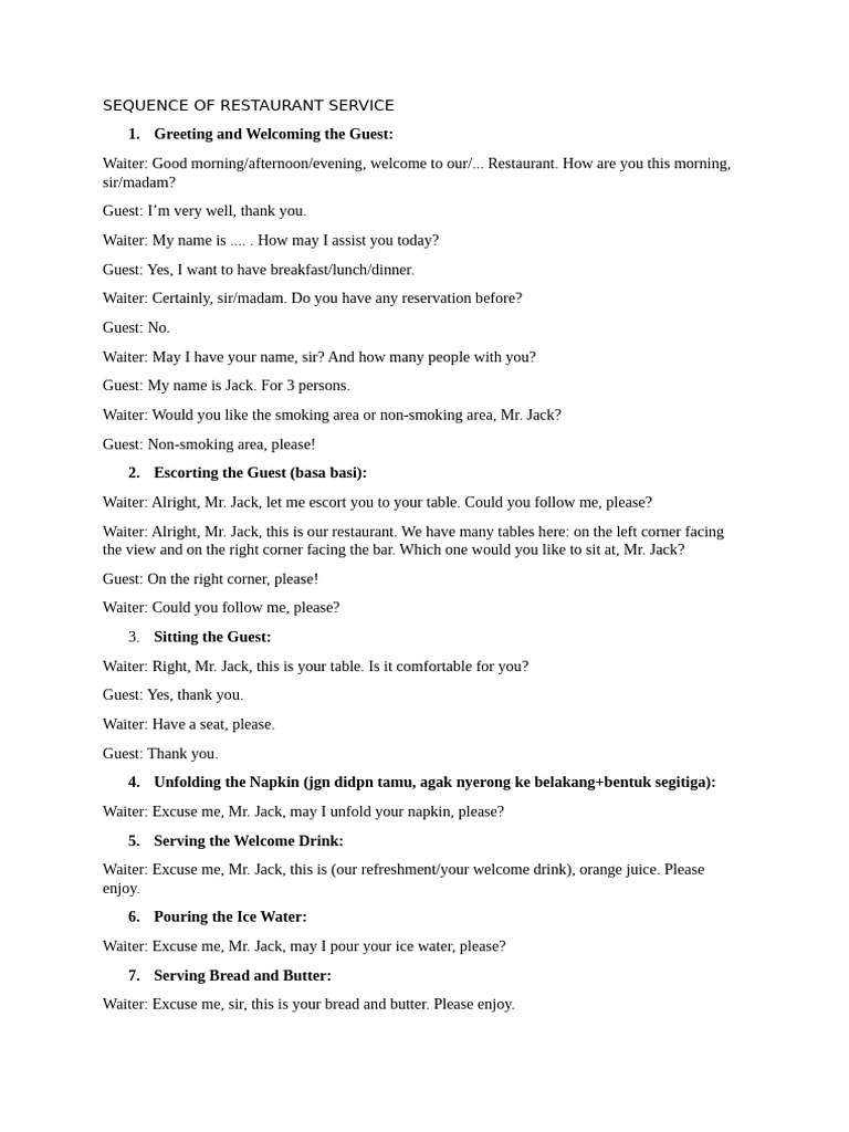 Sequence of Restaurant Service | PDF | Hors D'oeuvre | Waiting Staff