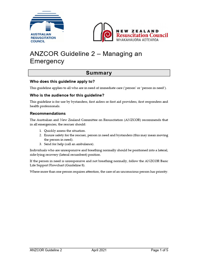 Anzcor Guideline 2 Managing An Emergency Apr 2021 | PDF ...