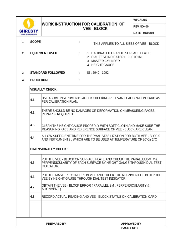 WI For Calib - of Vee Block | PDF | Calibration | Metrology