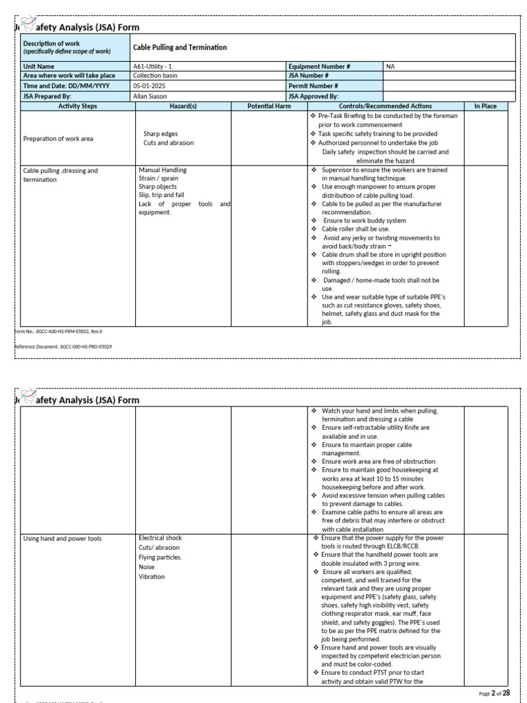 JIGCC-000-HS-FRM-05002- Job Safety Analysis Form Cable pulling and ...