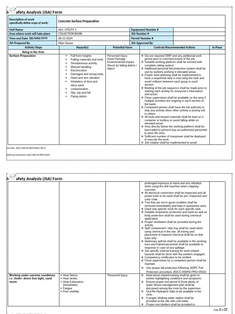 JIGCC-000-HS-FRM-05002 - Job Safety Analysis Form For Collection Basin ...