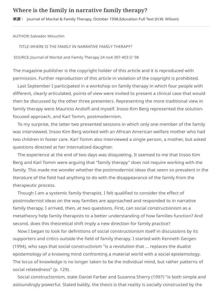 Where Is The Family in Narrative Family Therapy - EBSCO | PDF | Social ...