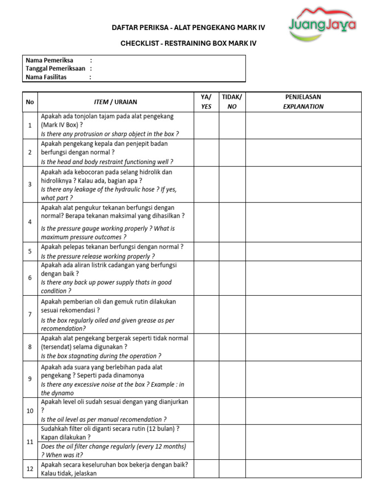 CHECKLIST - RESTRAINING BOX MARK IV (1) | PDF