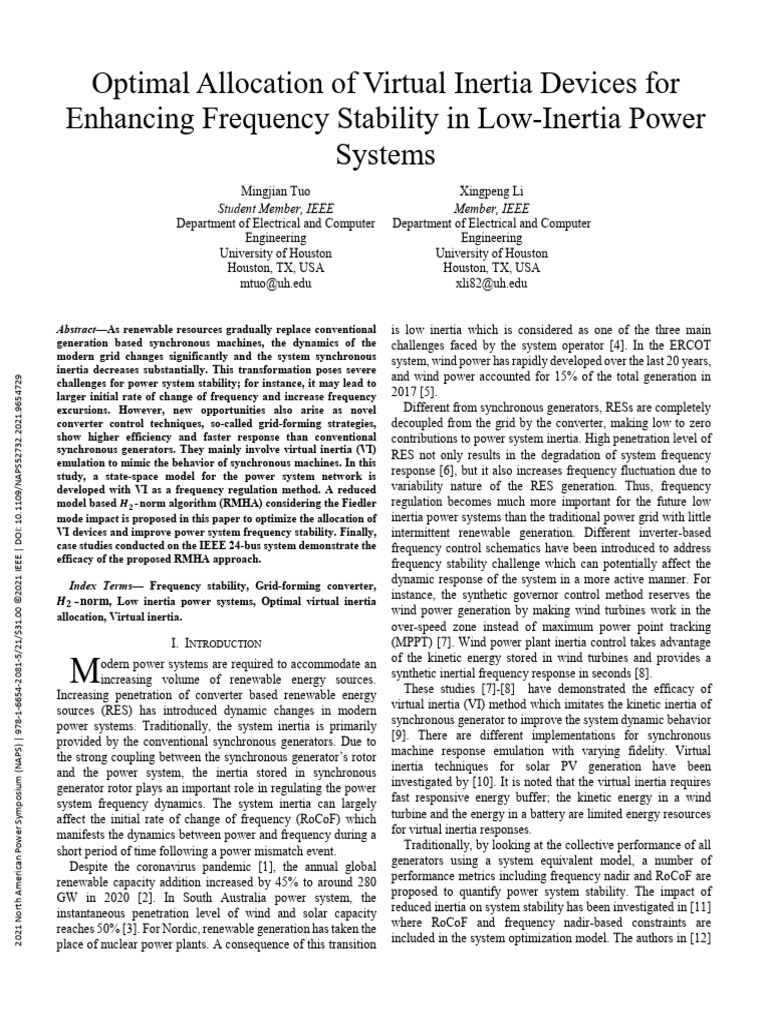 Optimal Allocation of Virtual Inertia Devices For Enhancing Frequency Stability | PDF | Wind ...