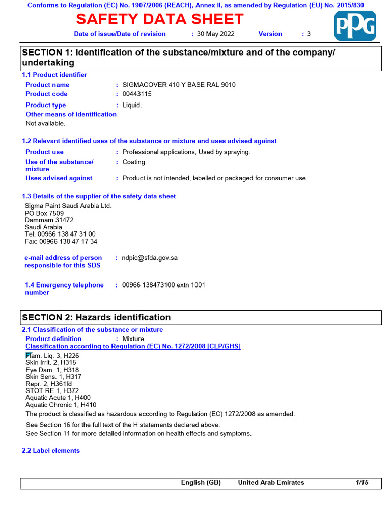 SIGMACOVER 410 Y Safety Data Sheet | PDF | Occupational Safety And ...