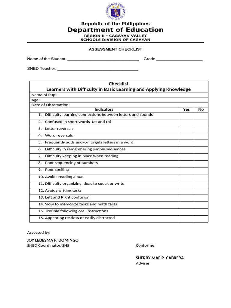 Checklist For Learners With Difficulties | PDF | Psychology