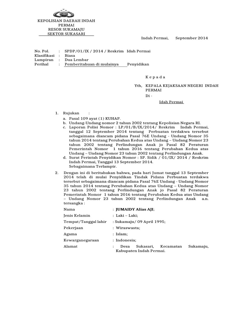 SRT Pemberitahuan Penyidikan SPDP | PDF