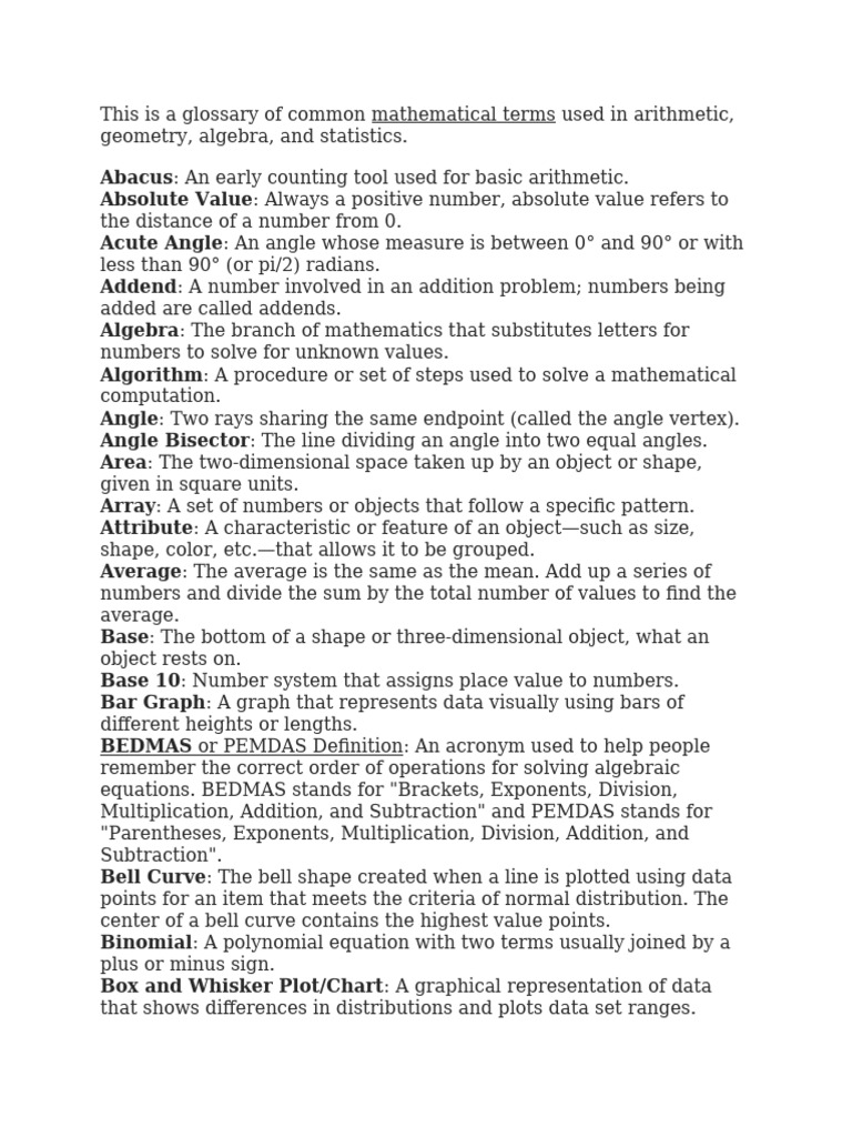 Glossary of MATH and Statistics Terminology | PDF | Numbers | Circle