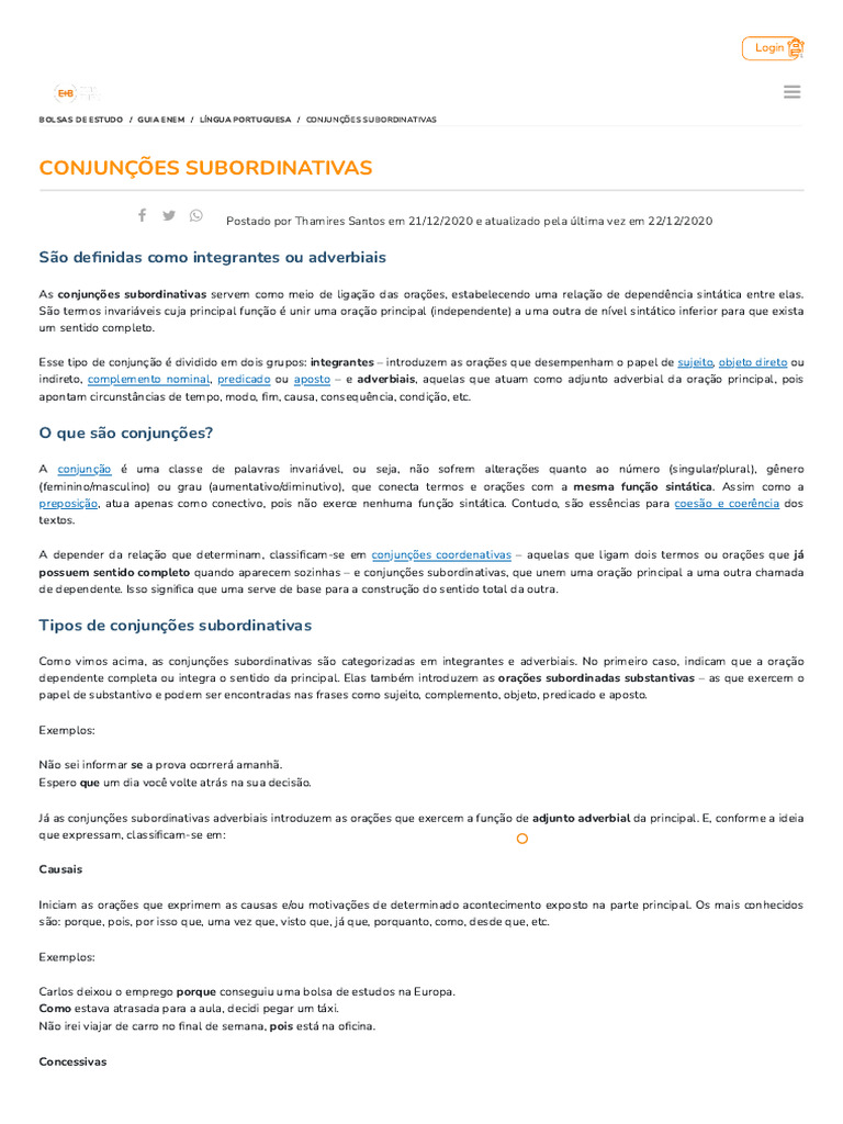 Conjunções Subordinativas: Tipos e Exemplos | PDF | Mecânica da ...
