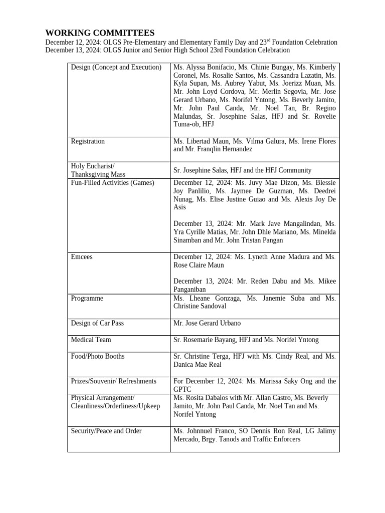 OLGS Foundation Celebration Committees | PDF