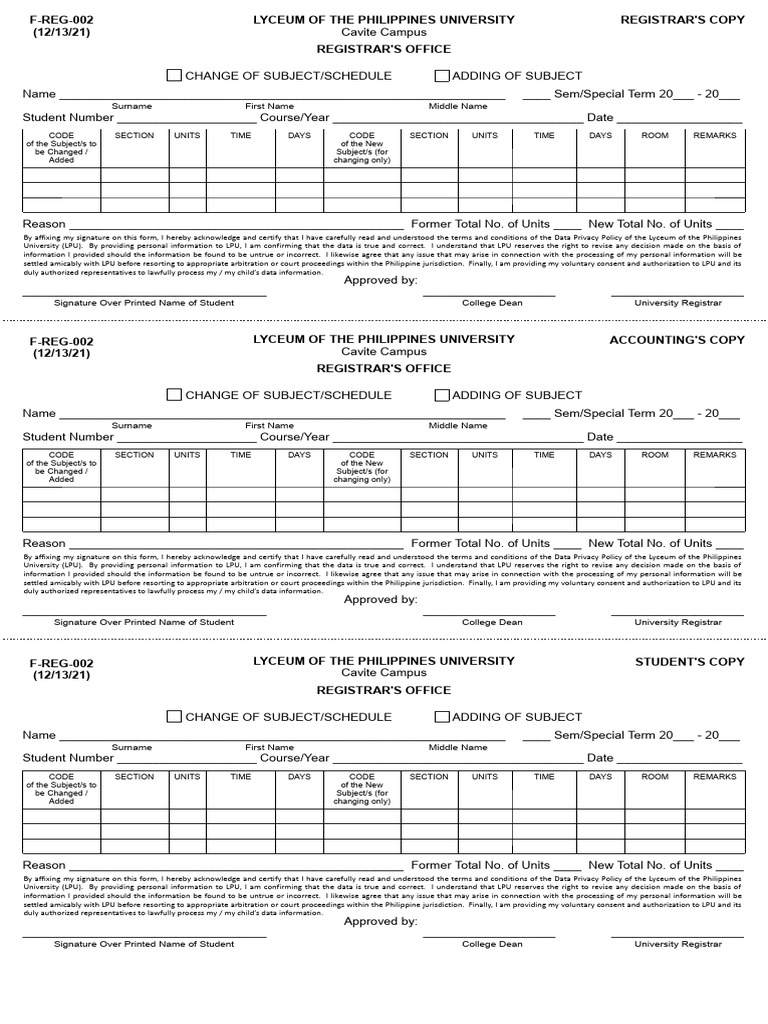F-REG-002-Adding-and-Changing-of-Subject_Schedule-12.13.21_Fillable | PDF | Judiciaries | Common Law