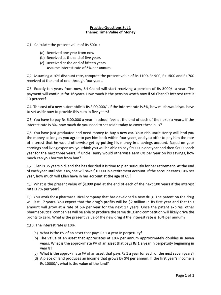 Practice Questions Set 1 | PDF | Interest | Present Value