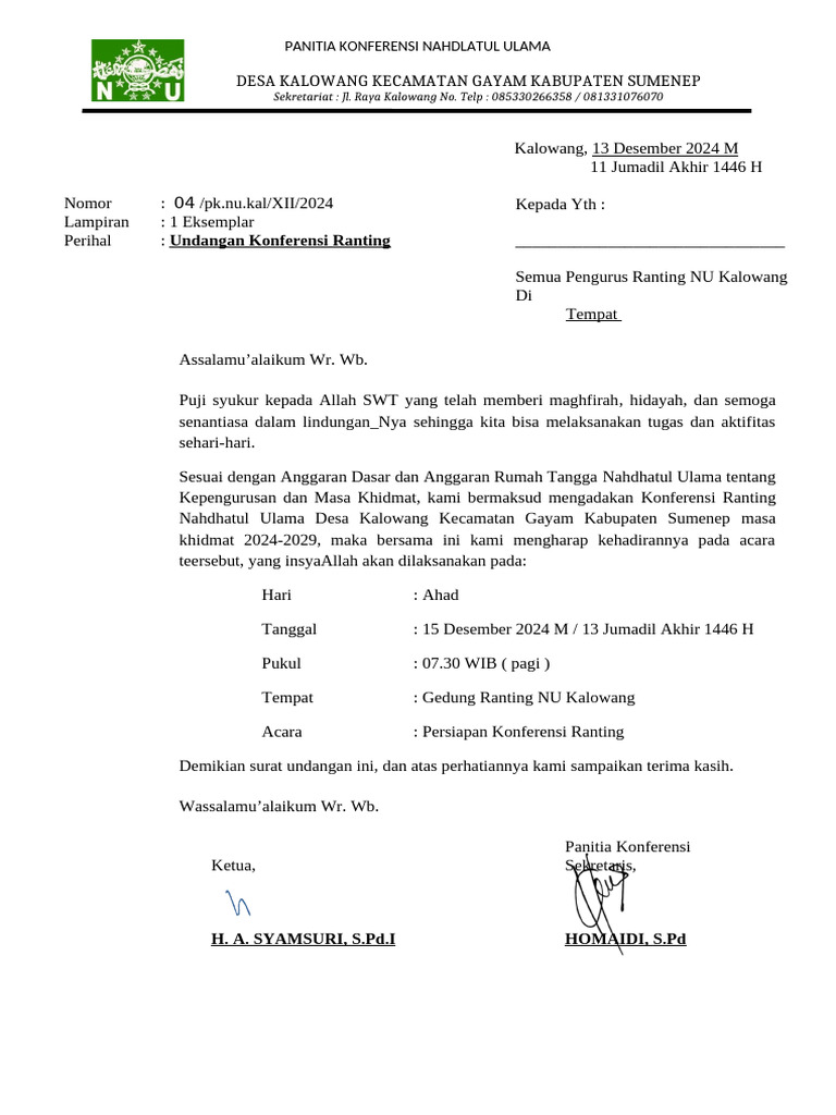 Undangan Utk Pengurus Ranting Nu Kalowang | PDF