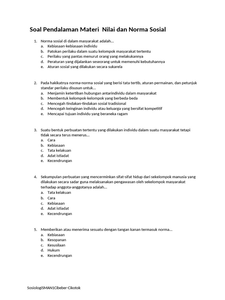 1. Soal Pendalaman Materi Pilihan Ganda Kelas X Bab 2. Nilai dan Norma Sosial -KTSP- -Buku 1- | PDF