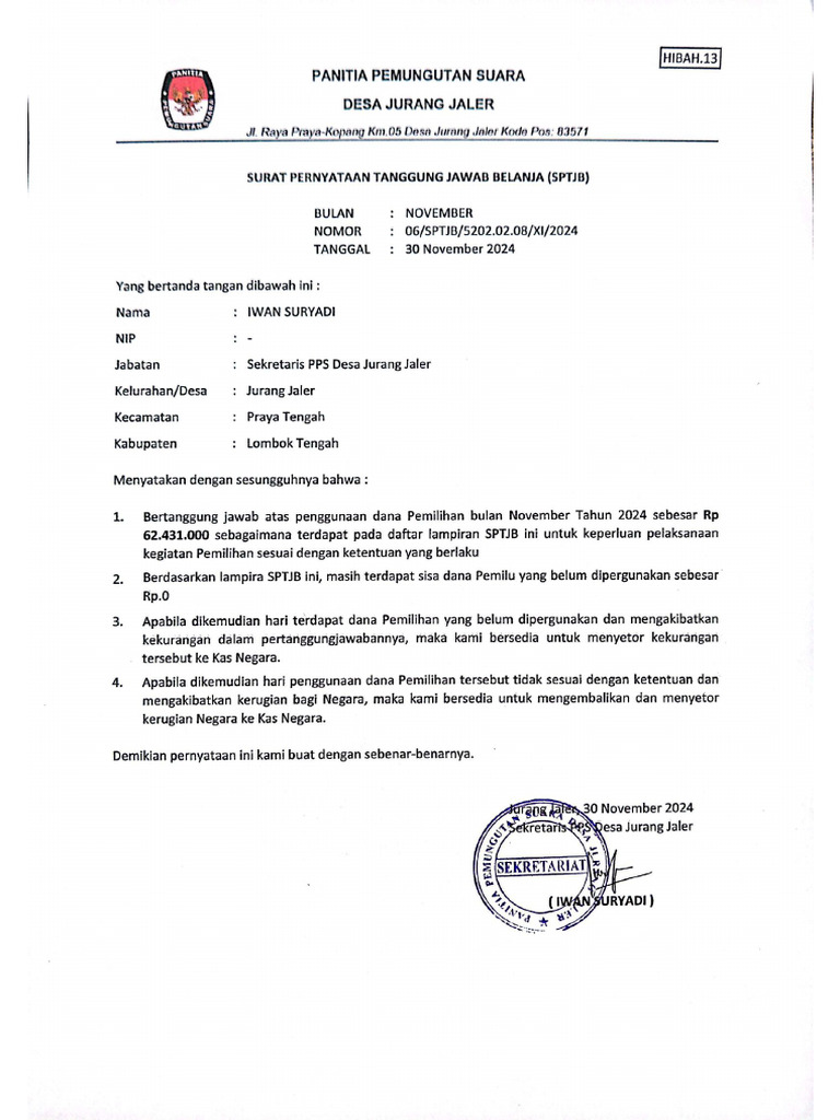 Penambahan SPJ Op Nov Pps Desa Jurang Jaler | PDF