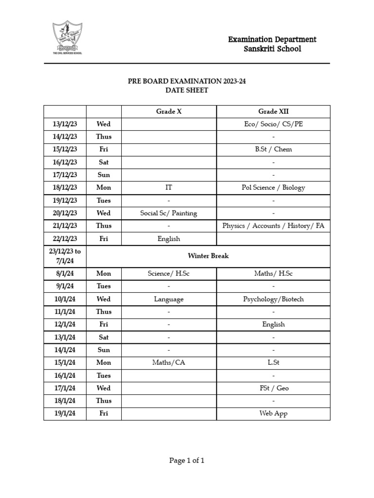 Grade 10, 12 - Pre Board Examination Date Sheet Final | PDF