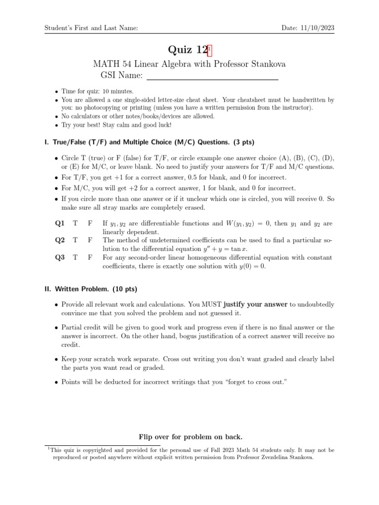 Quiz 12 Dis 105 & Dis 109 PDF | PDF | Mathematical Objects | Mathematics