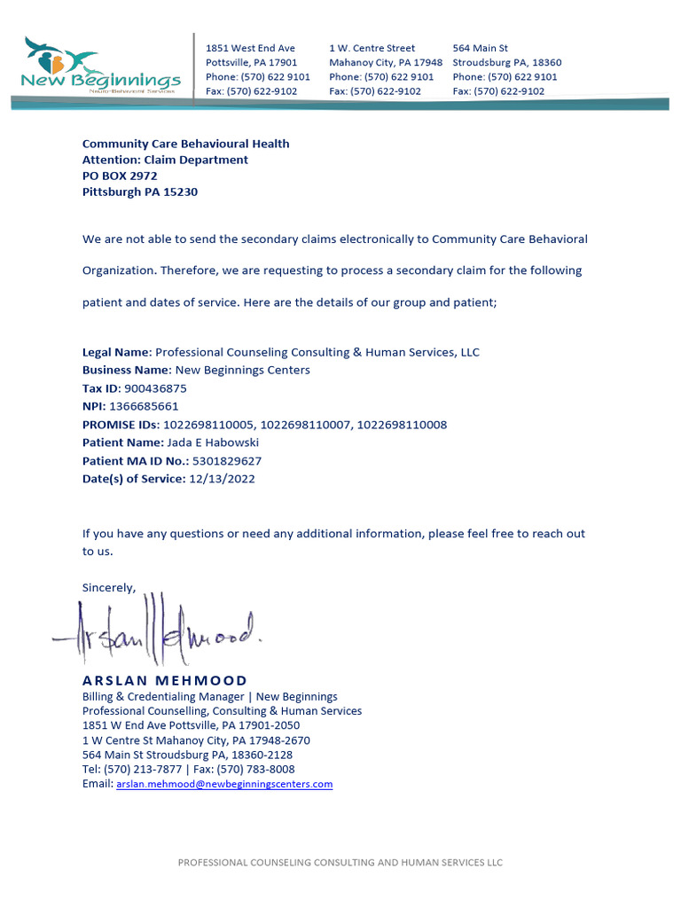 Secondary Claim Request for Patient Jada Habowski | PDF