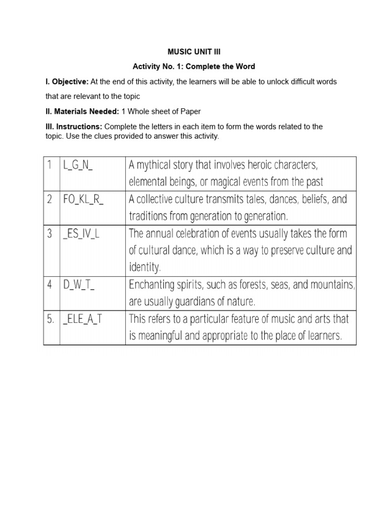 Music Vocabulary Word Activity | PDF