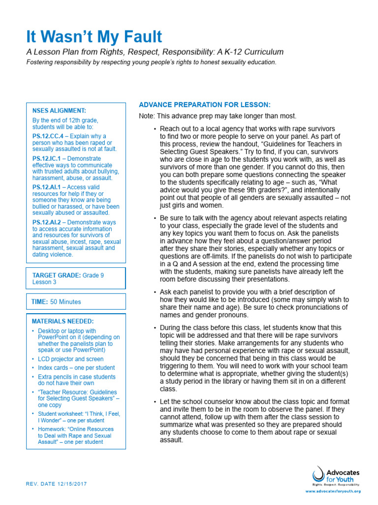 9 Lesson 3 3Rs ItWasntMyFault | PDF | Rape | Curriculum
