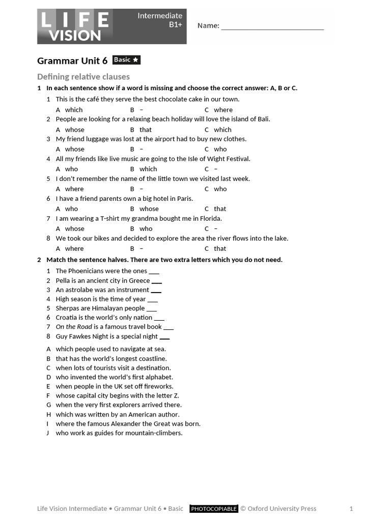 LV Int U6 Grammar Basic Worksheet | PDF