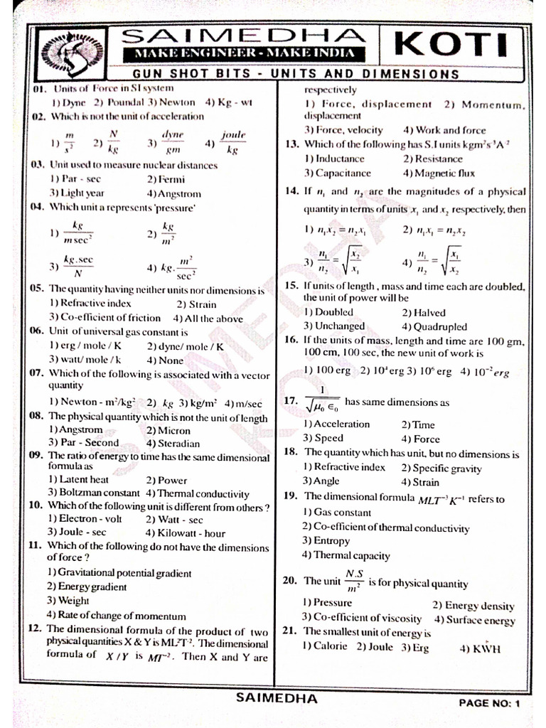 Physics Units & Dimensions Quiz | PDF | Force | Watt