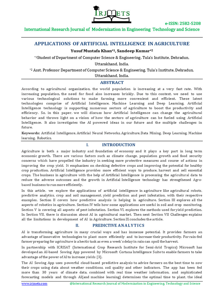 Ai Applications In Agriculture Pdf Support Vector Machine Agriculture