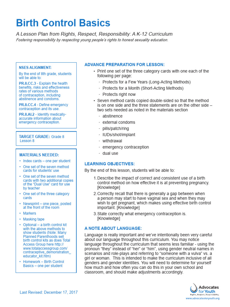 Birth Control Education for 8th Graders | PDF | Birth Control ...
