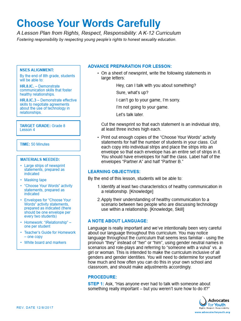 8 Lesson 4 3Rs ChooseYourWordsCarefully | PDF | Grammatical Gender ...