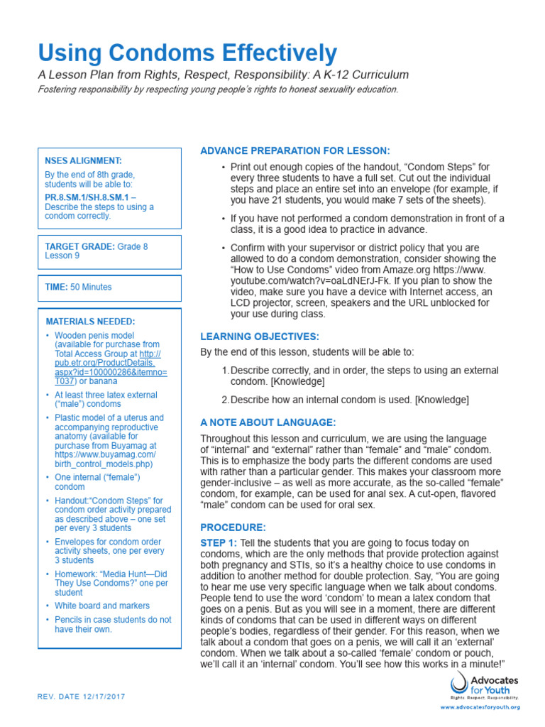 8 Lesson 9 3Rs UsingCondomsEffectively | PDF | Condom | Sexual Intercourse