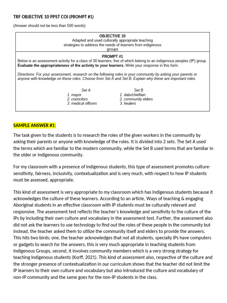02 TRF10 - PPST Coi Sample Answers | PDF | Educational Assessment | Learning