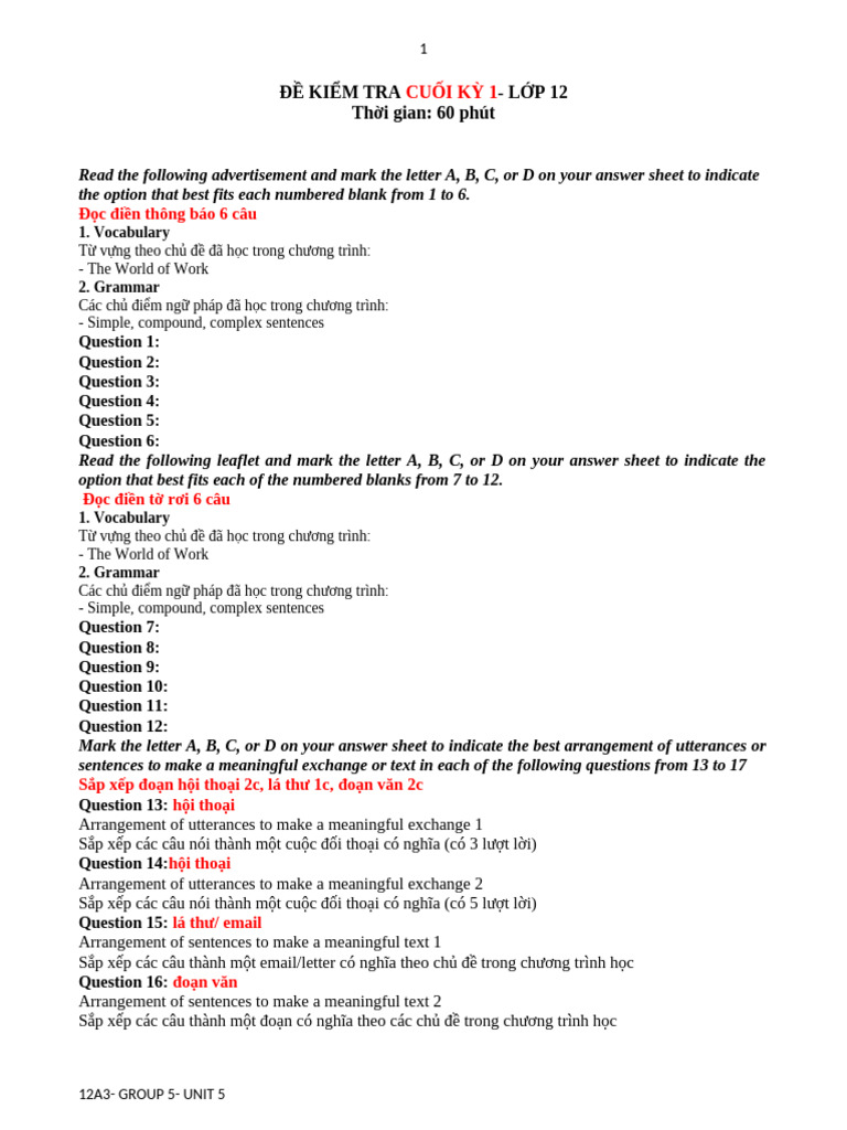 FORM ĐỀ KTCK 1 LỚP12 - UNIT 5 | PDF