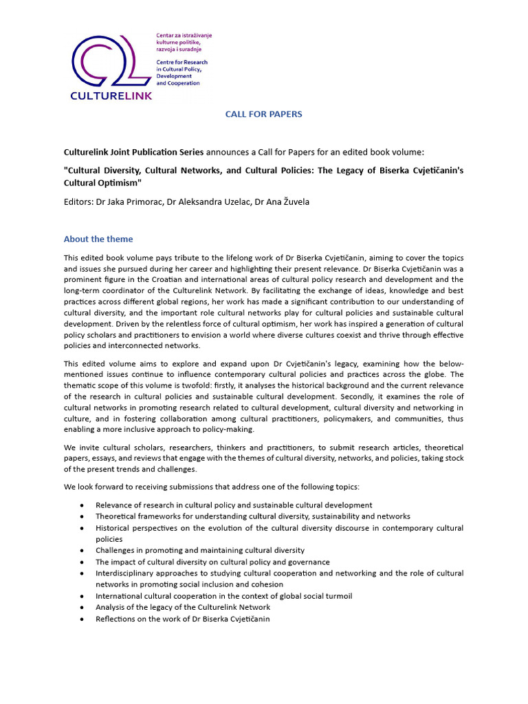 Call for Papers: Cultural Diversity Volume | PDF | Methodology | Science