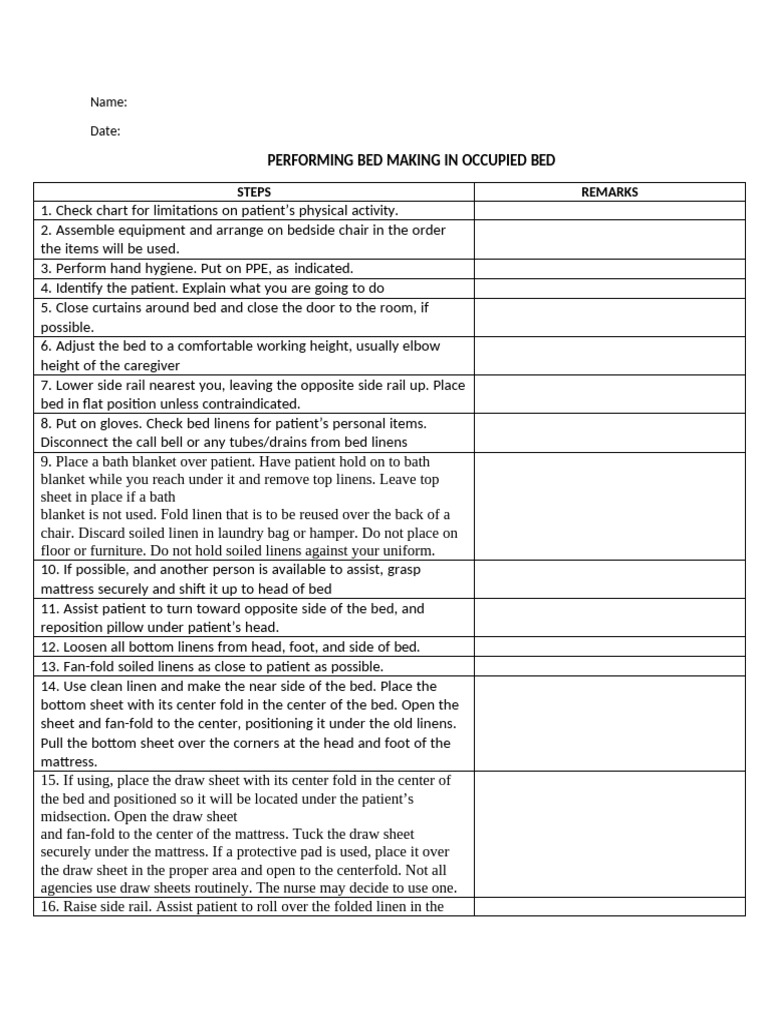 Checklist PERFORMING BED MAKING IN OCCUPIED BED | PDF | Bed | Linens