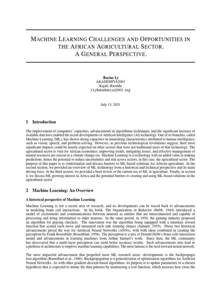 MACHINE LEARNING CHALLENGES AND OPPORTUNITIES IN THE AFRICAN AGRICULTURAL SECTOR. A GENERAL ...