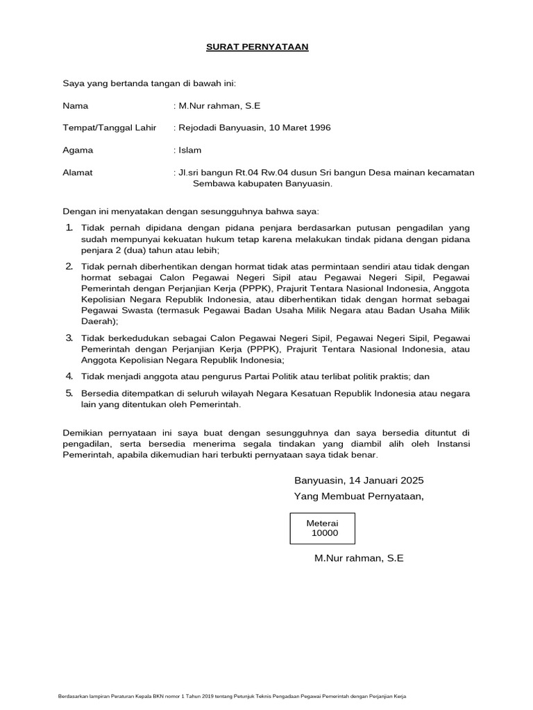 FORMAT SURAT PERNYATAAN PPPK Untuk Pemberkasan | PDF