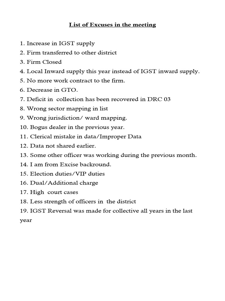 Common Meeting Excuses List | PDF