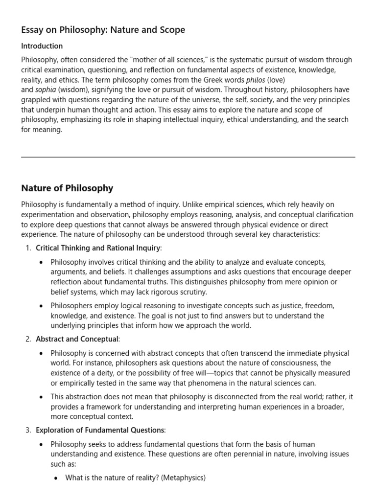 Essay On Philosophy Nature and Scope | PDF | Logic | Reason
