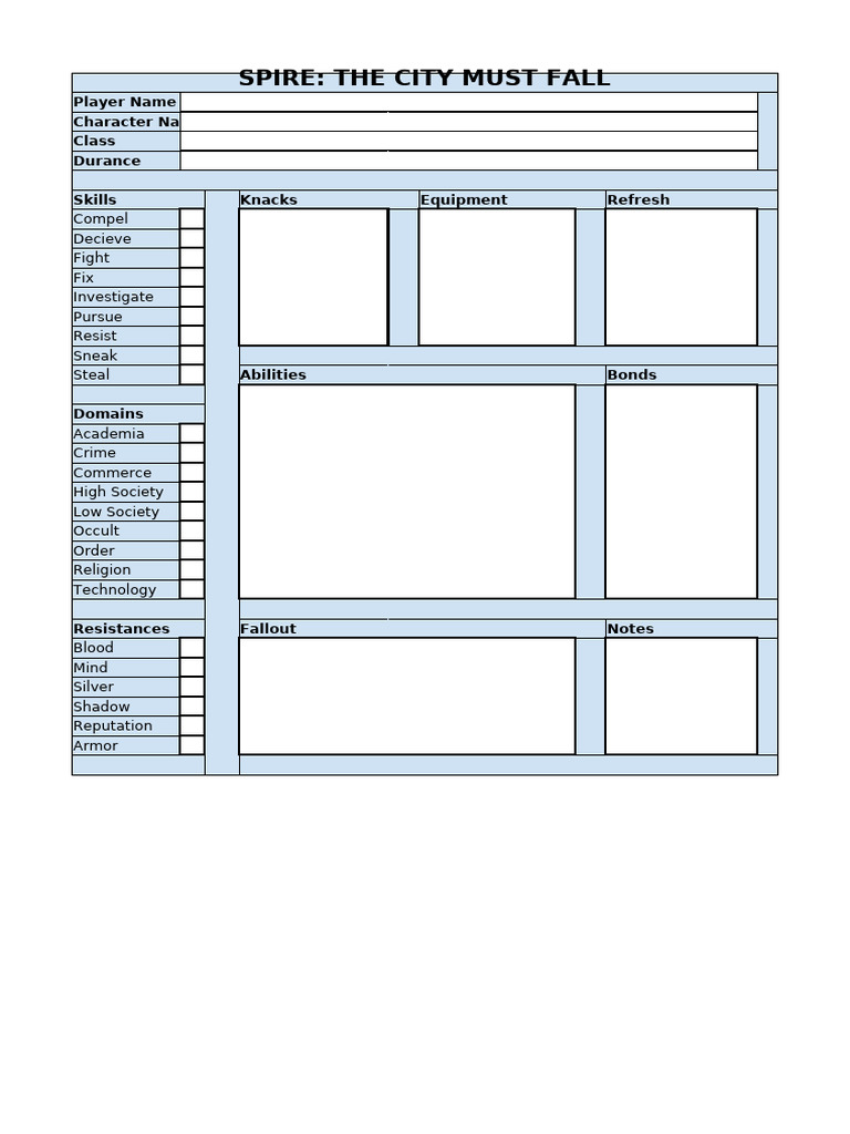 Kopia Spire Character Sheet (File - Make A Copy To Use) | PDF