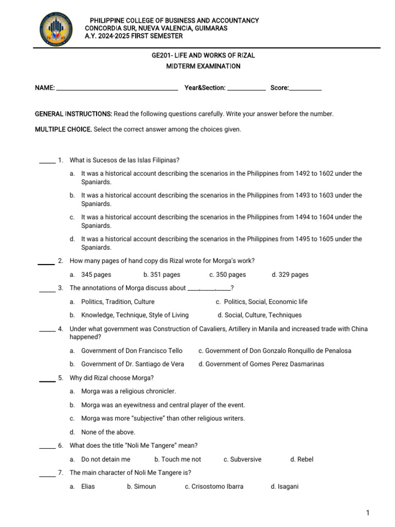 Ge201-Life and Works of Rizal Midterm Examination | PDF | Philippines
