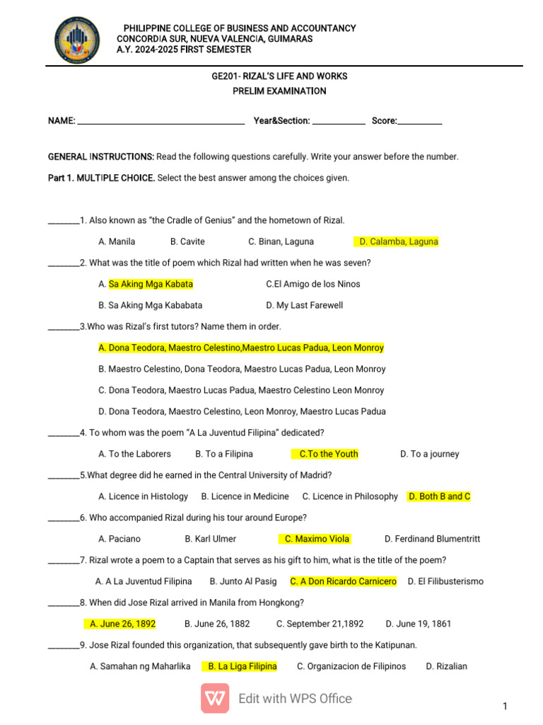 Ge201 - Life & Works of Rizal - Answer Key For Prelim Exam | PDF ...