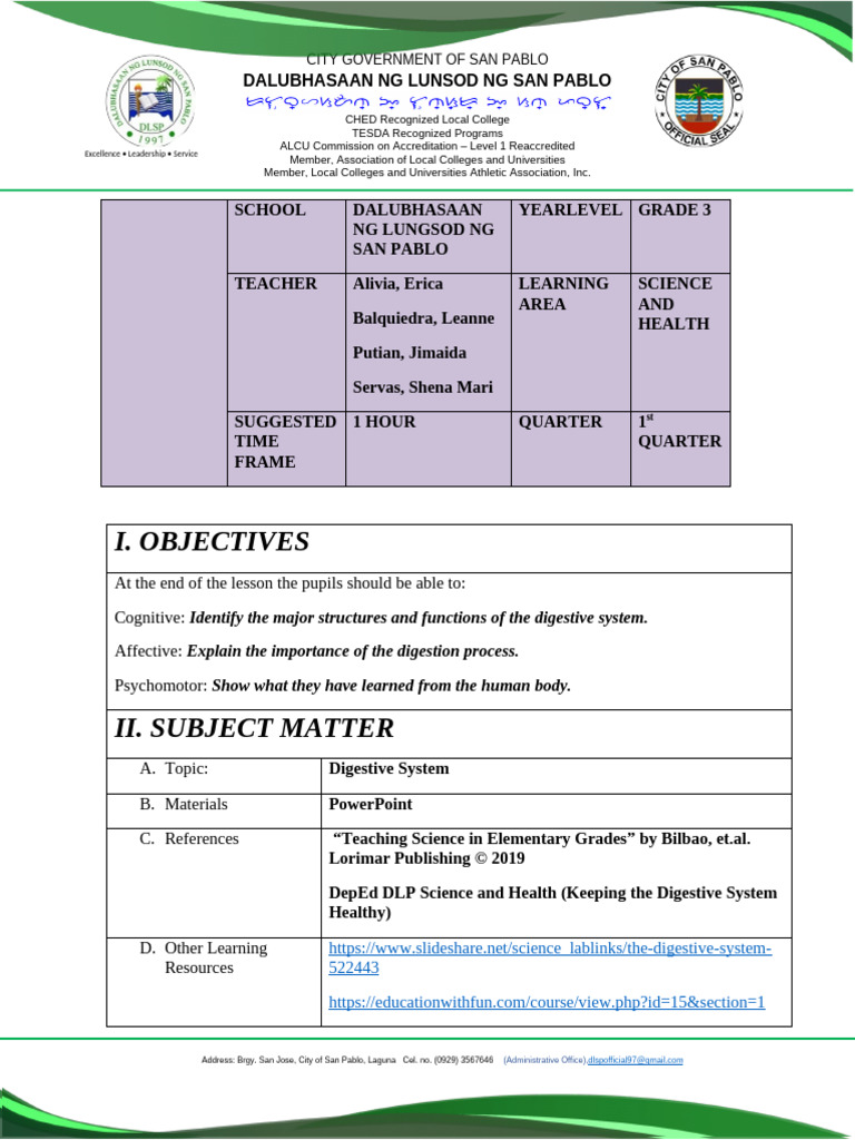 Group 4 Lesson Plan DIGESTIVE SYSTEM | PDF | Stomach | Digestion