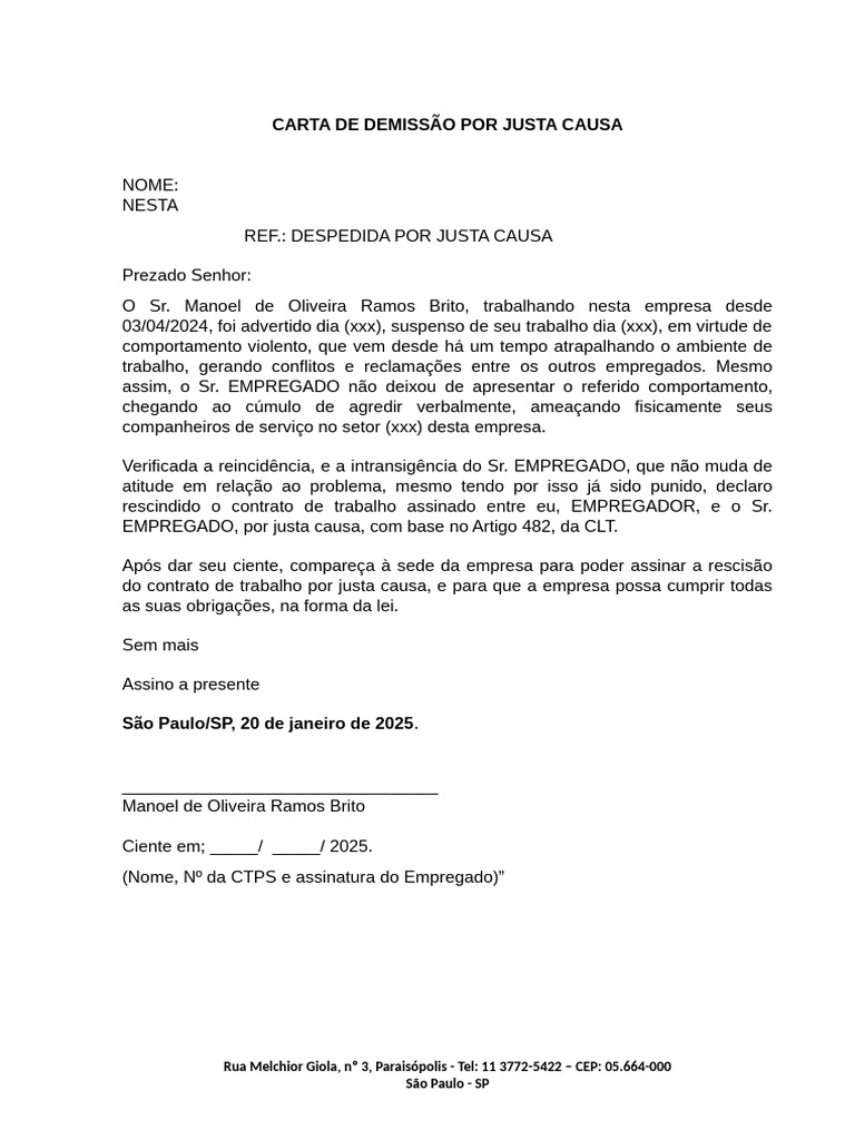 Carta de Demissão Por Justa Causa - Manoel | PDF