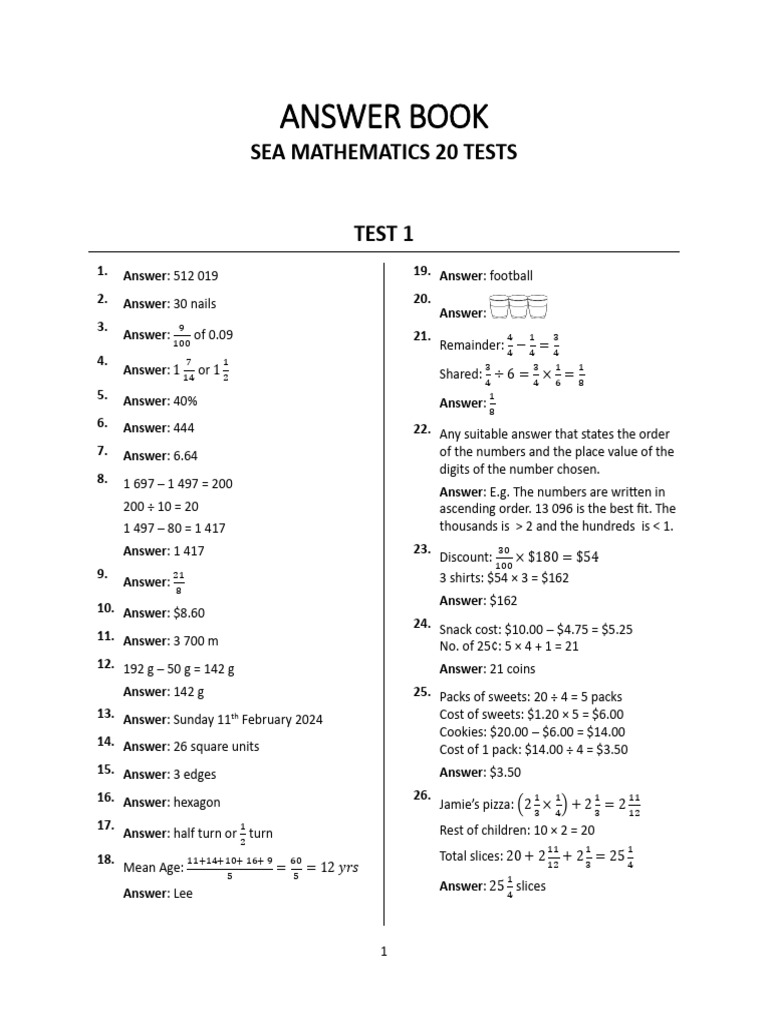 SEA Mathematics Test Answers 1-20 | PDF | Elementary Geometry ...