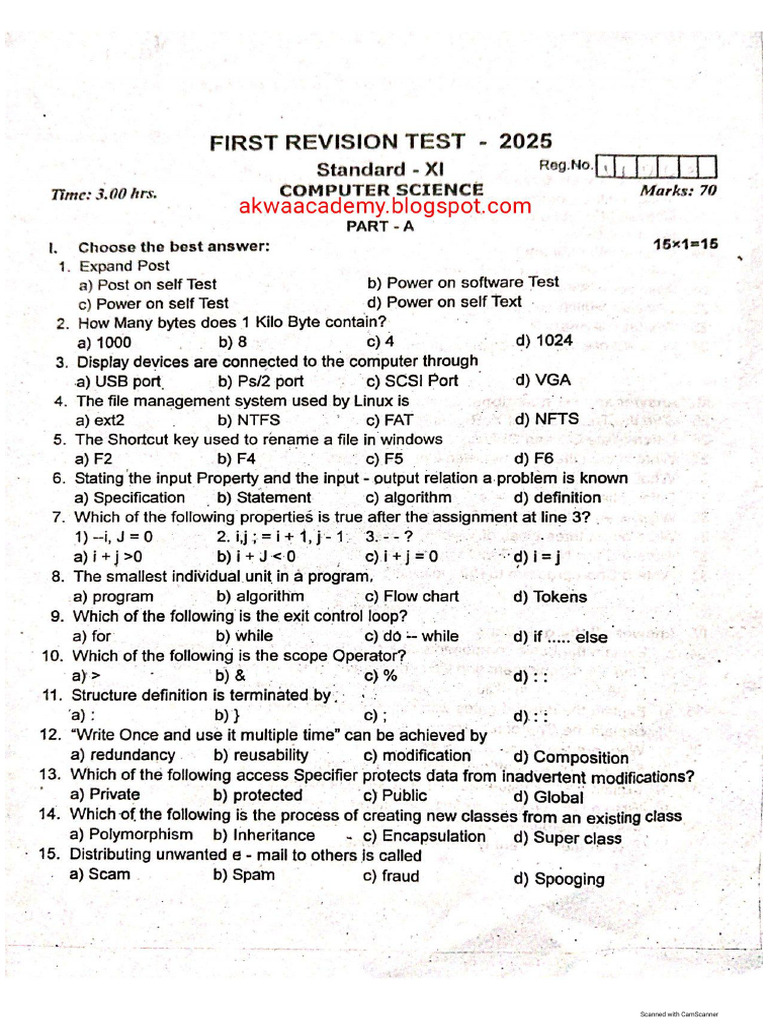 11th Computer Science 1st Revision Exam 2025 Original Question Paper ...
