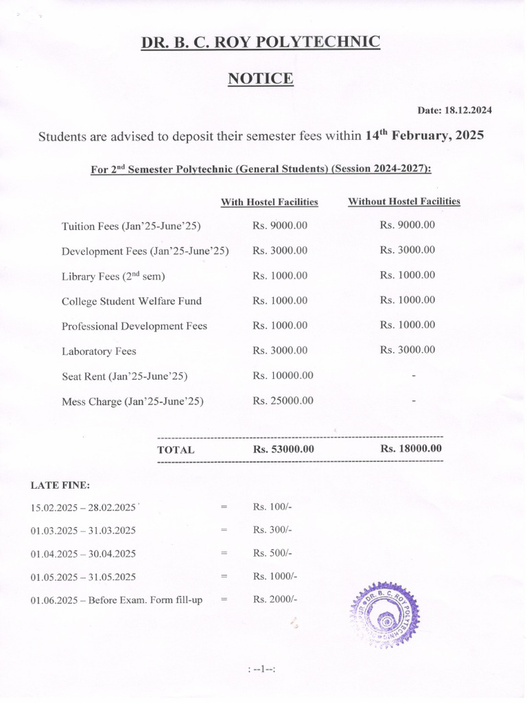 Semester Fees Notification - Even Sem - 2024-25 | PDF