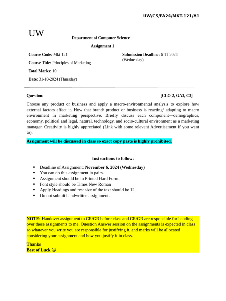 Mkt-121 Principles of Marketing 10 31-10-2024 (Thursday) 6-11-2024 (Wednesday) | PDF