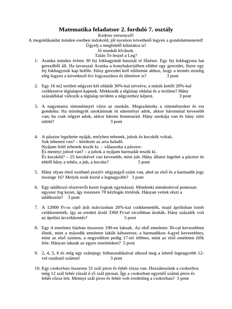 Matematika feladatsor 2 | PDF