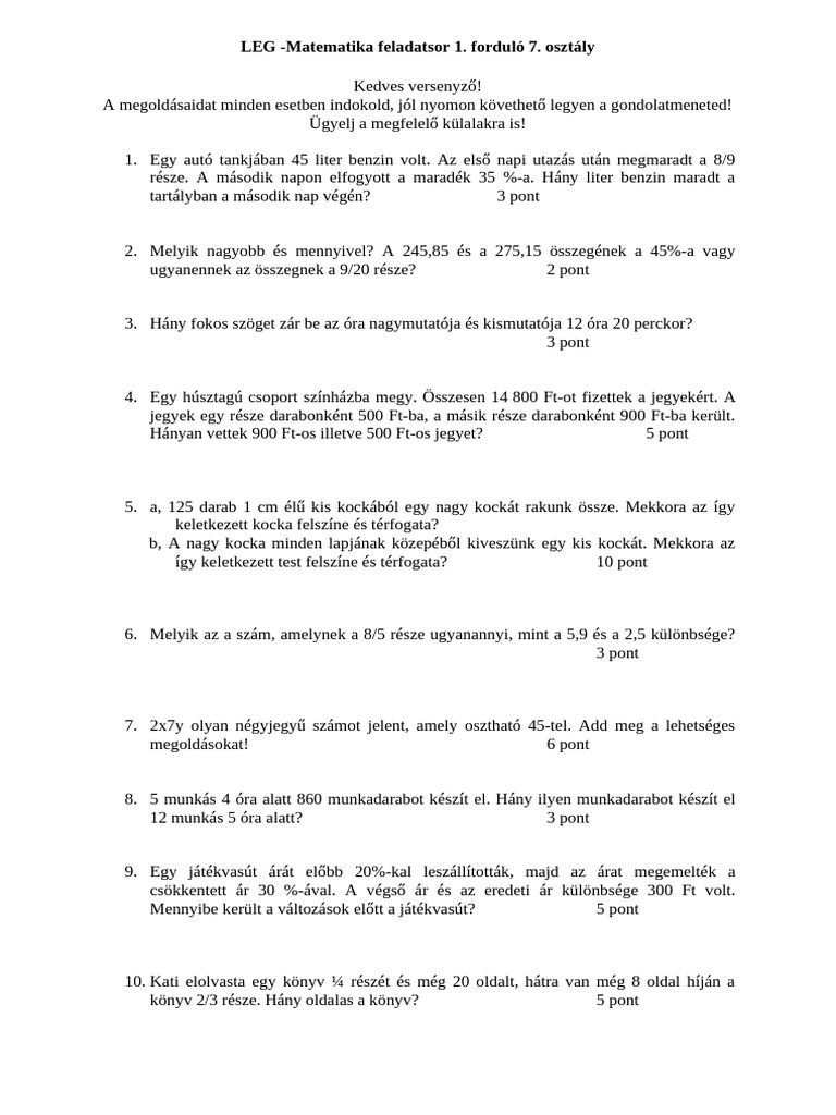 Matematika feladatsor 1 | PDF